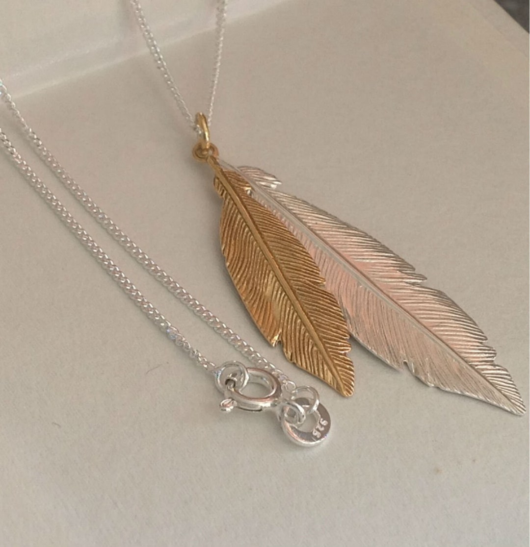 925 Sterling Silver Large Feather Necklace Silver Gold Feather Gift ...
