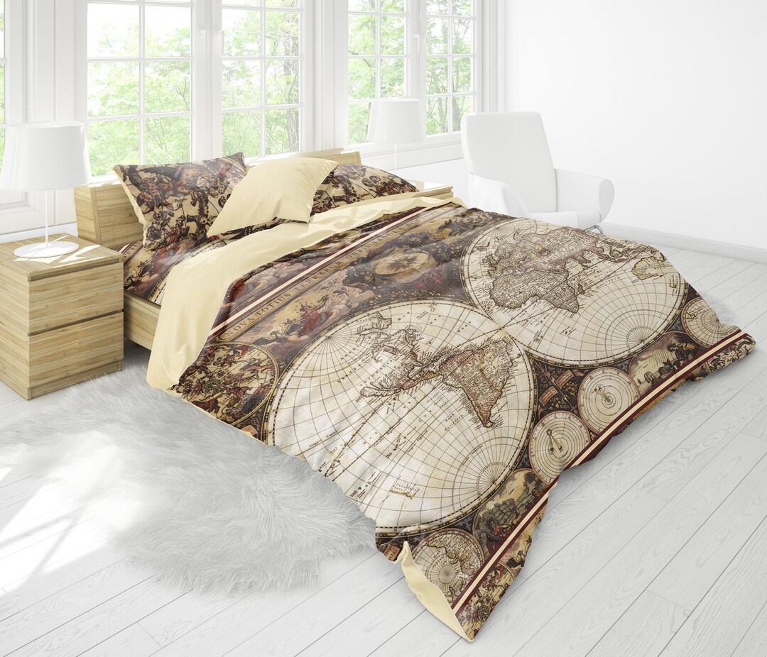 Painted Old World Map Bedding Cover Set 3/4 Pcs From 100% Cotton or ...