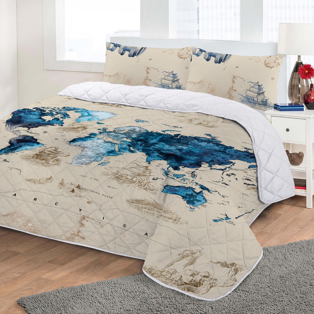 Atlas WORLD MAP Vintage Designs Thin Quilt • Bedspread • Blanket for ...