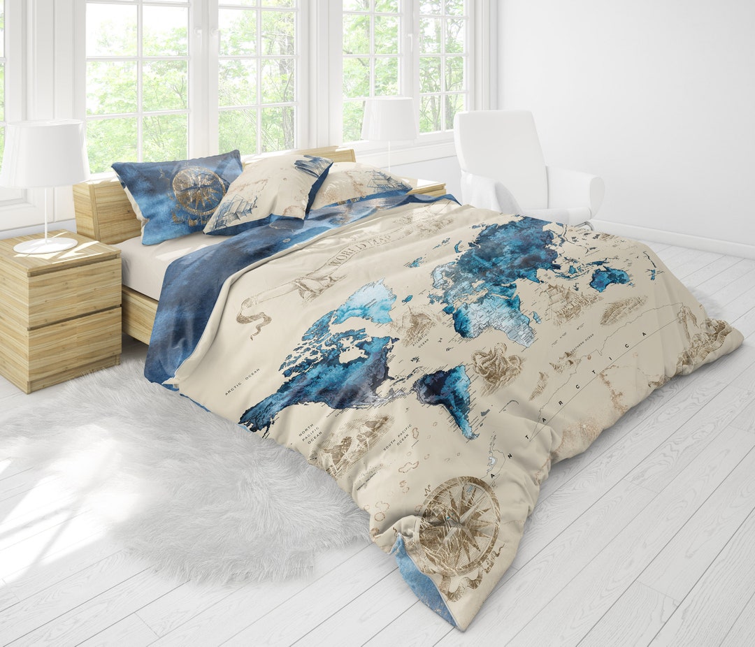 Painted Watercolor Map Bedding Cover Set 3/4 Pcs From 100% Cotton or ...