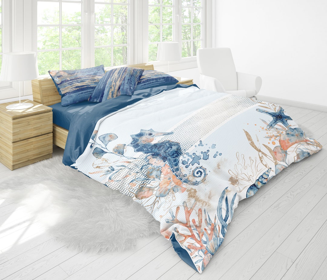 3 Piece Coast Style Sea Bedding Set With Reversible Design Cotton O ...