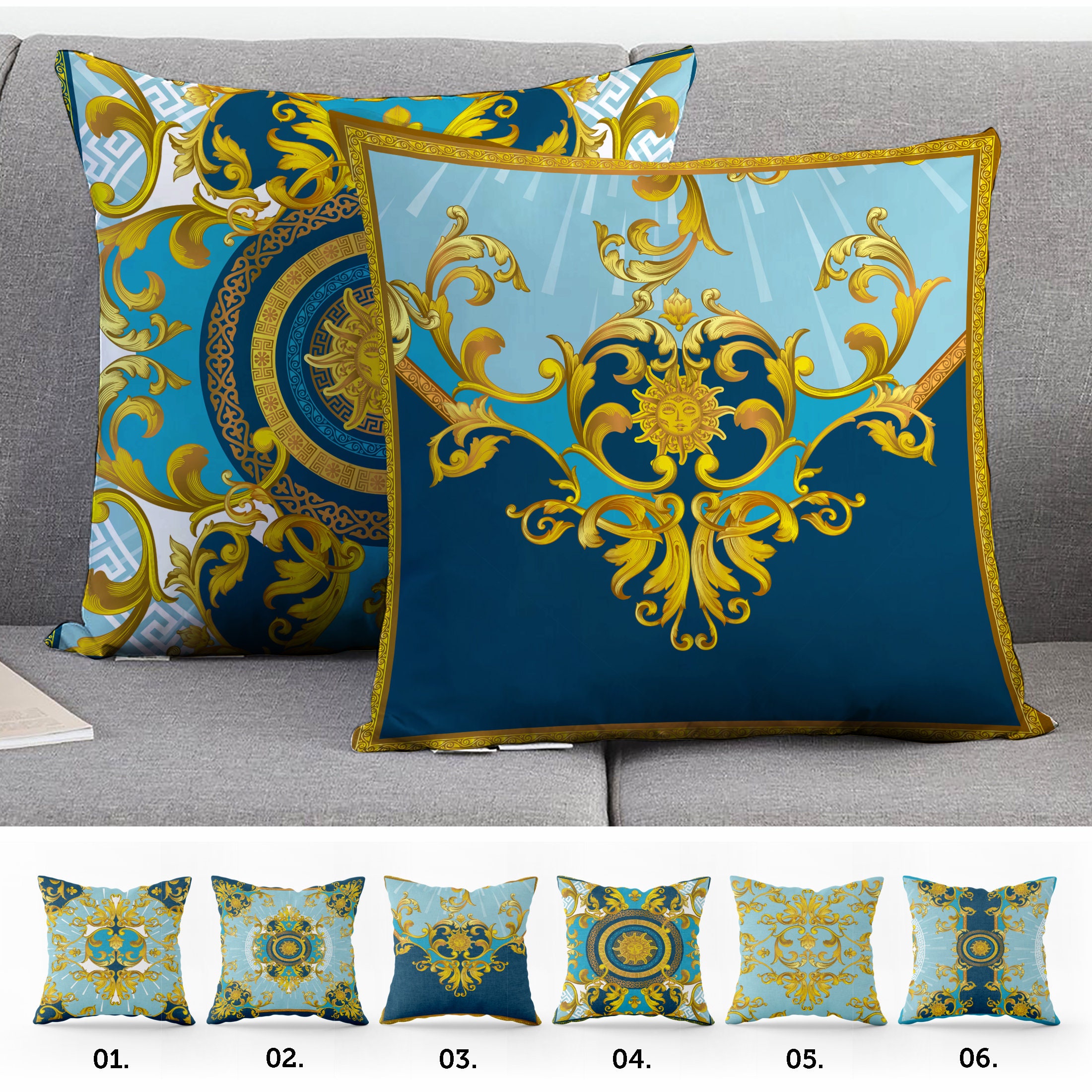 Exclusive Baroque Blue Retro Design Pillow Covers Art Gift Living Room ...