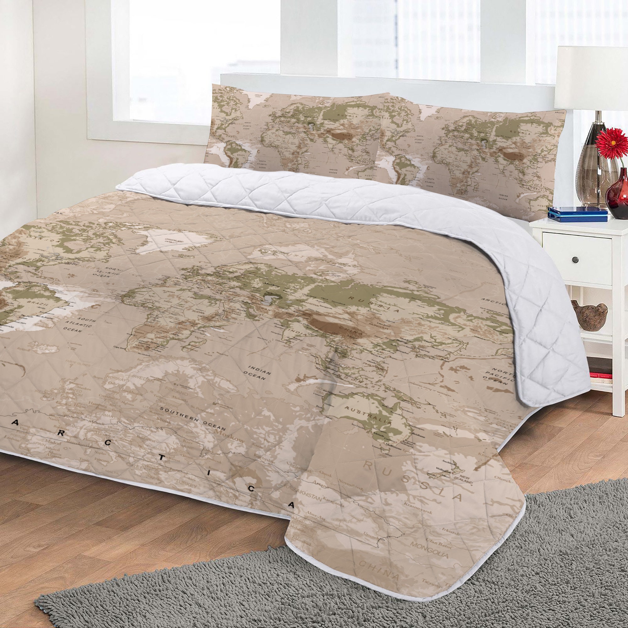 Atlas WORLD MAP Vintage Designs Thin Quilt Bedspread - Etsy