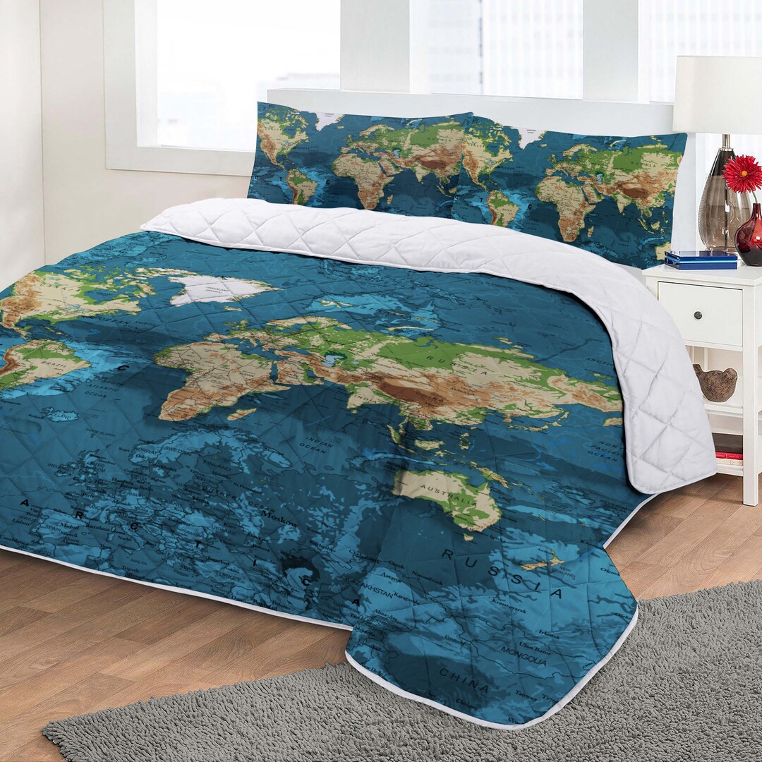 Atlas WORLD MAP Vintage Designs Thin Quilt Bedspread - Etsy