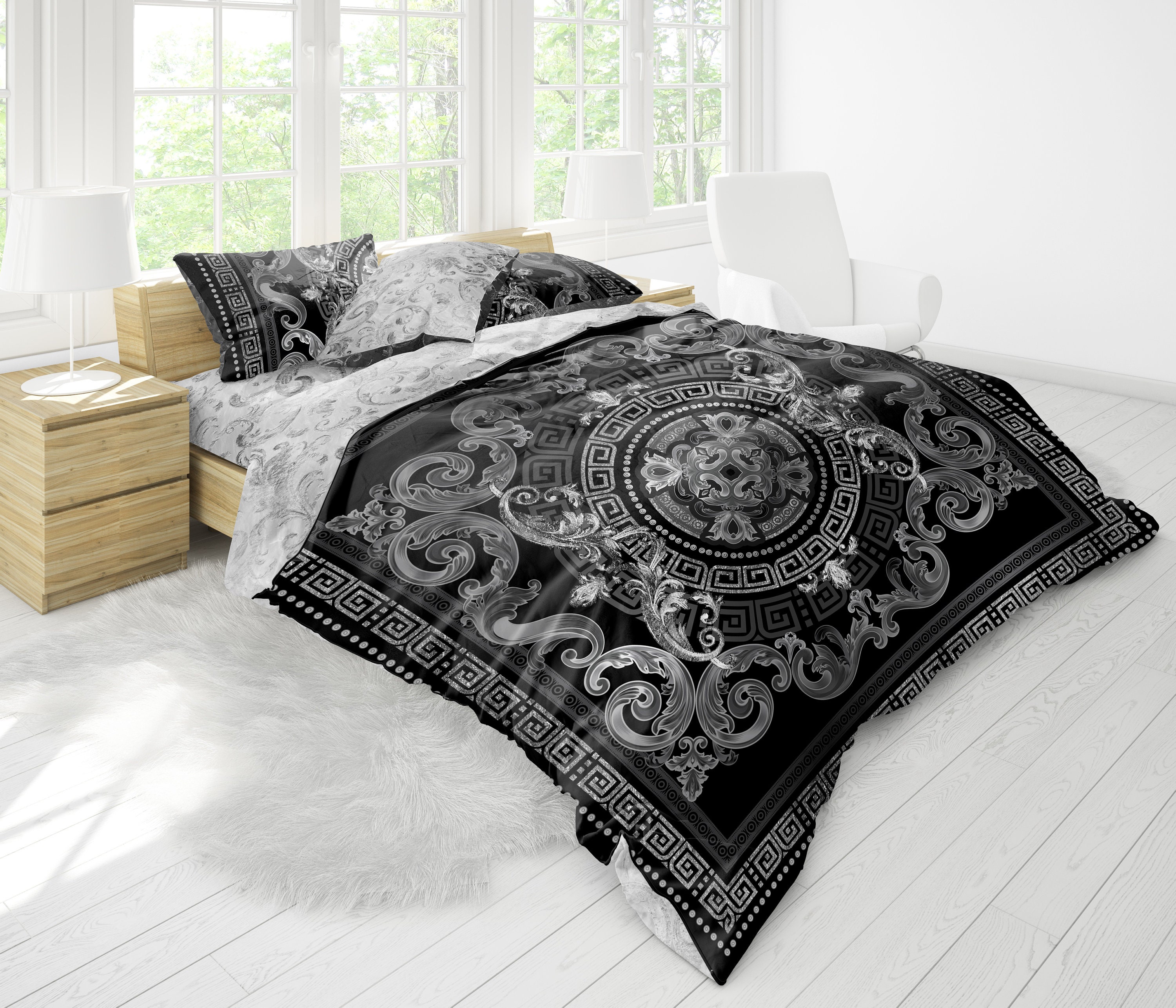 Baroque Eccentric Personalised Black-silver Bedding Set Reversible ...