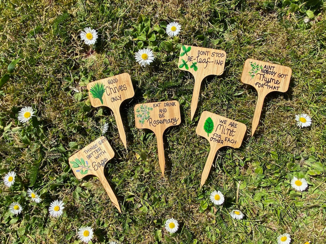 Set of Six Funny Pun Wooden Herb Tags Chives Sage Mint - Etsy