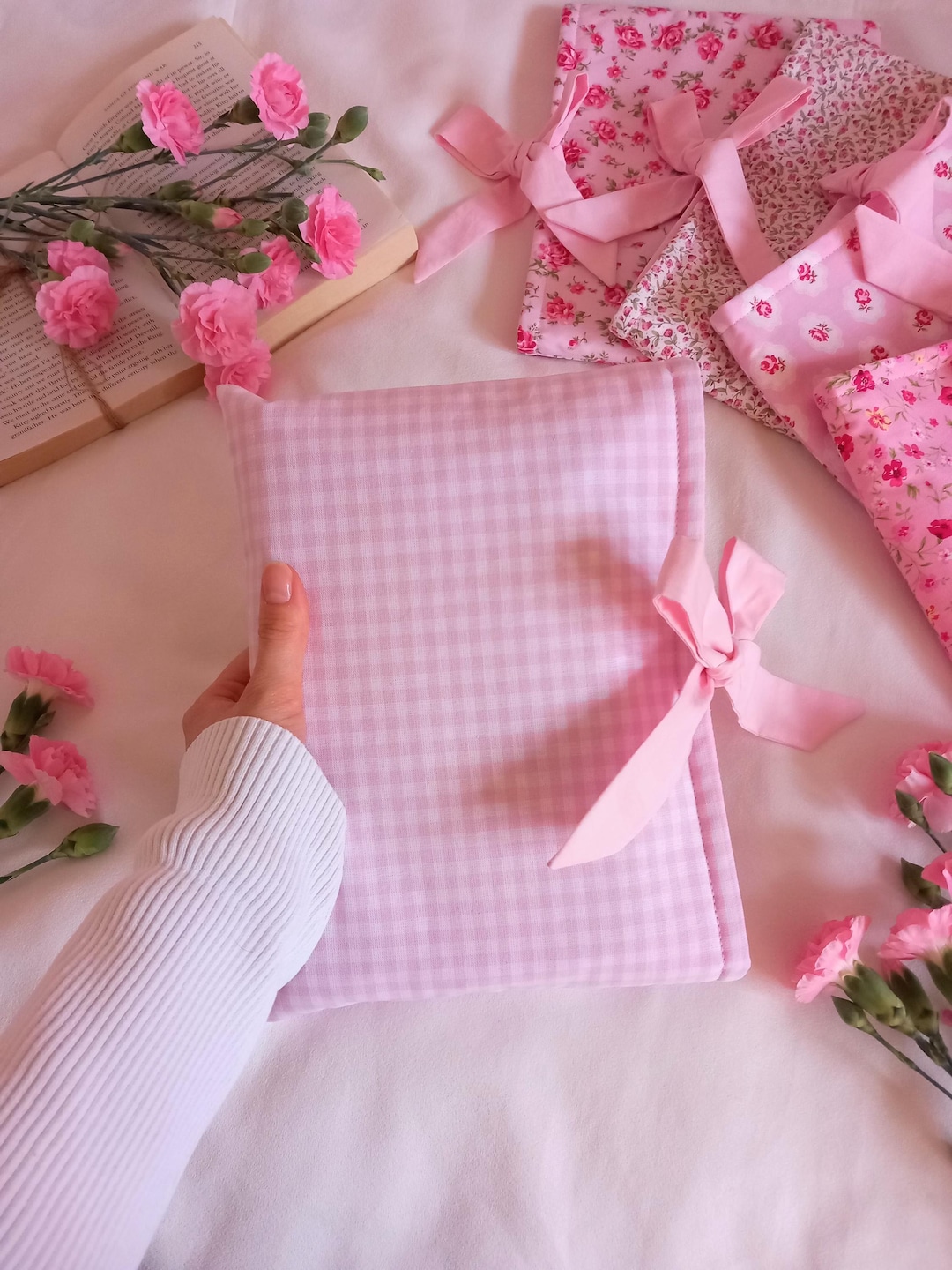 Pink Gingham Book Sleeve: Handmade Cotton Paperback Cover With Bow Tie ...