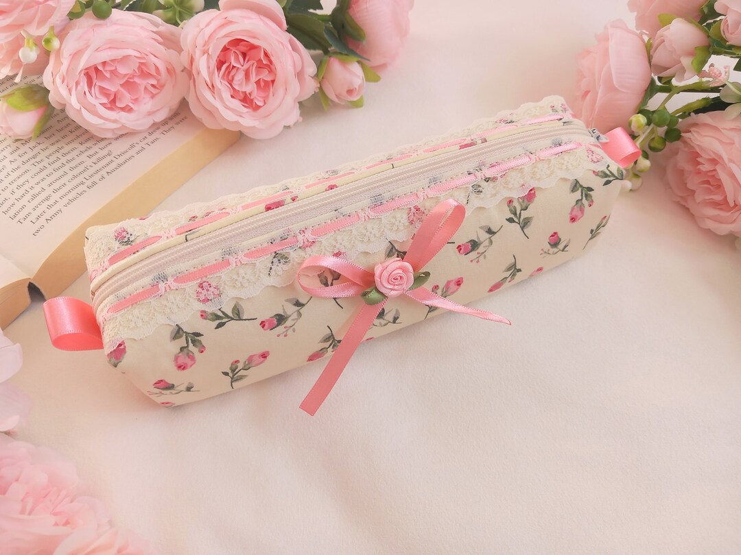 Cream Rose Pencil Case With Lace Ribbon. Pink Pencil Case, Makeup Bag ...