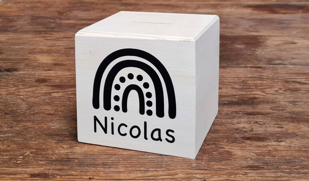 Wooden Savings Cube / Money Box Personalized With Name and Rainbow ...