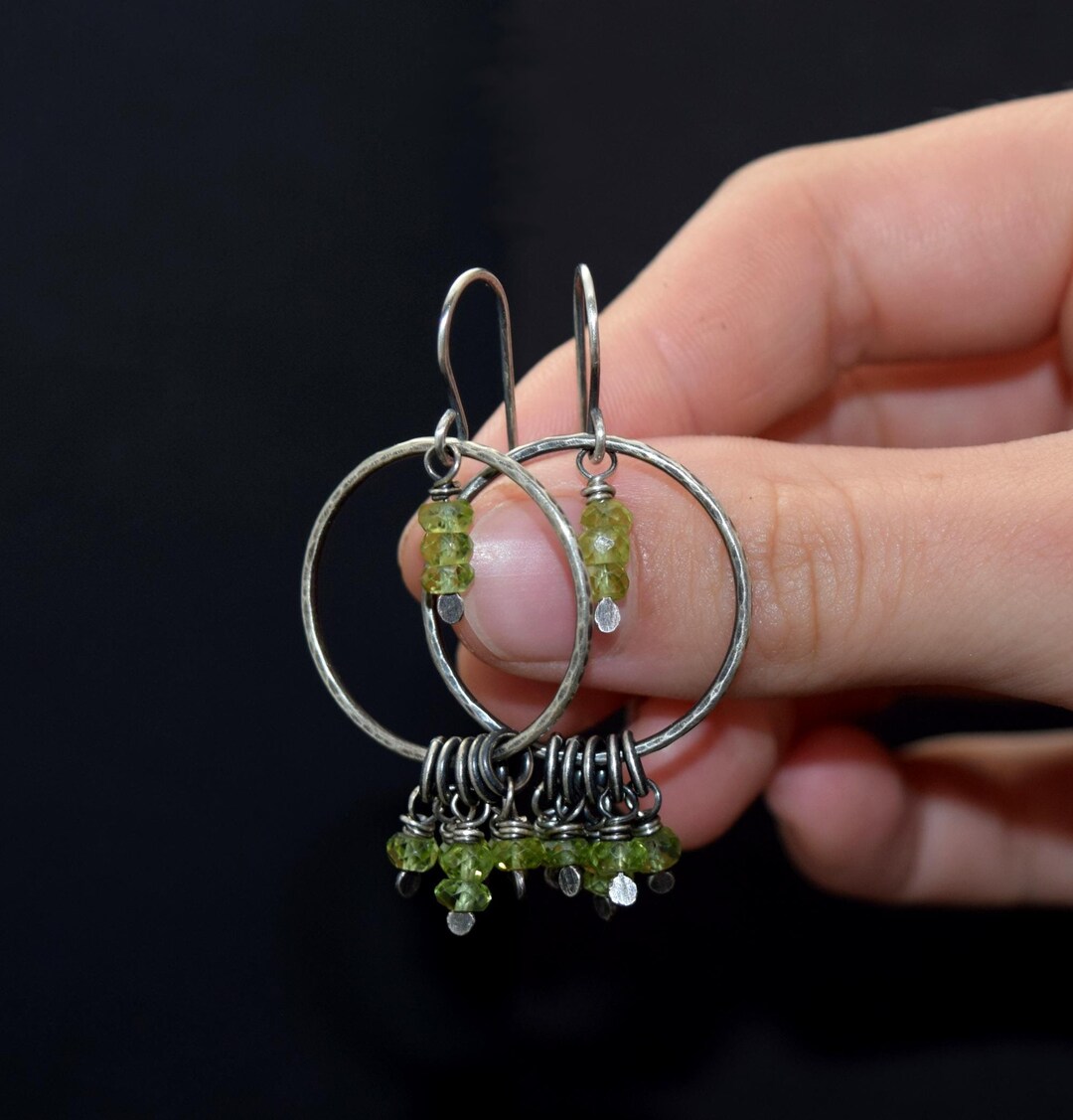 Rustic Peridot Silver Hoop Earrings - Artisan Boho Style With Green ...