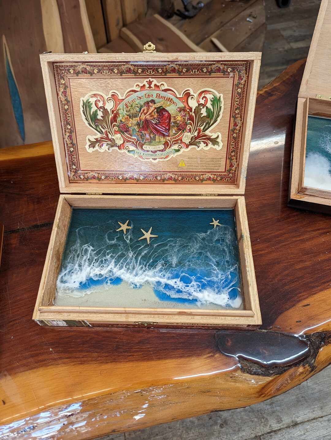 Epoxy Ocean Beach Gift Jewelry Cigar Box Wood Ring Dish tropical Hawaii ...