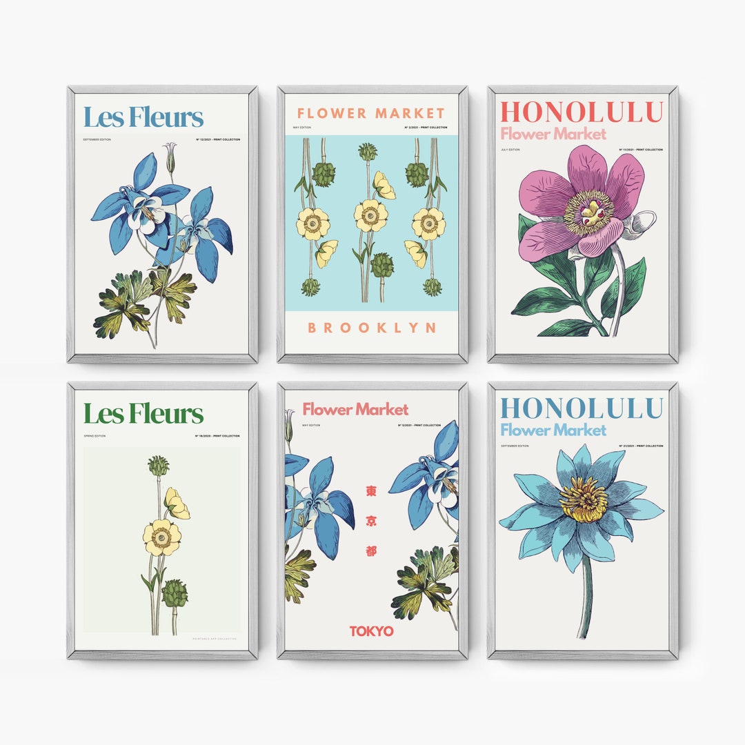 6 Flower Market Print SET of 6, Botanical Poster, Floral Print, Flower ...