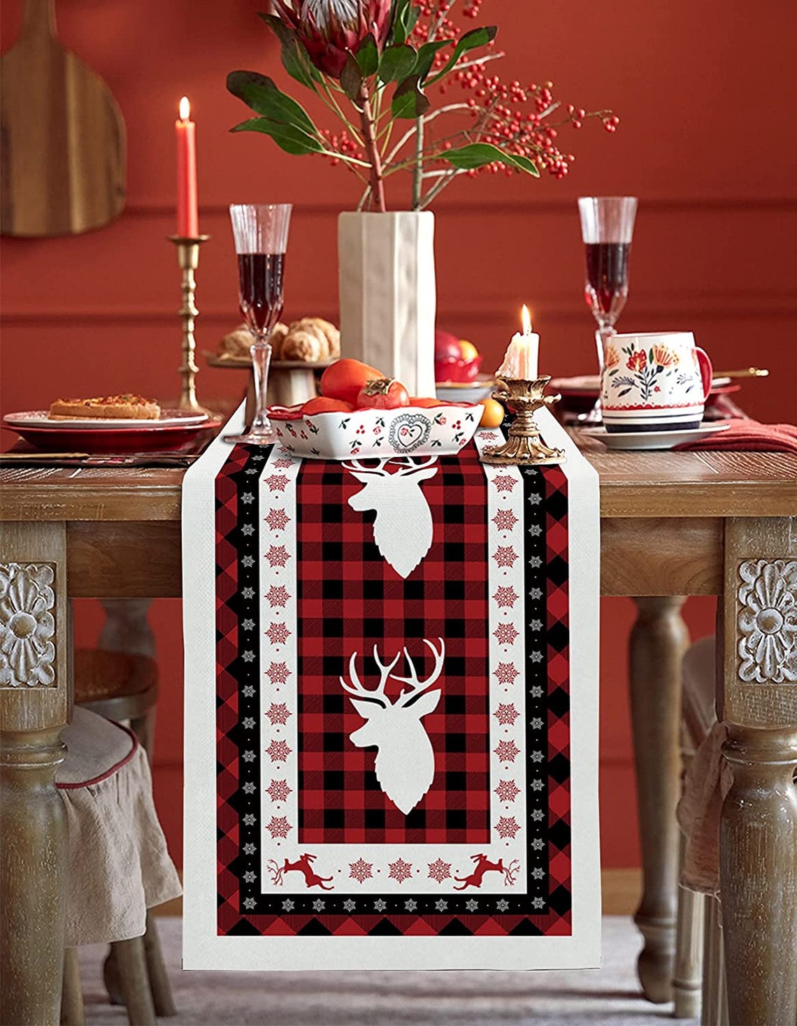 13 X 90 Inch Christmas Table Runner Deer Head Farmhouse - Etsy