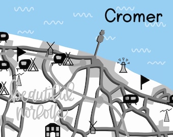 Cromer Map Illustrated Map of Cromer North Norfolk Map Watercolour Cromer Map Norfolk Print Wall ...