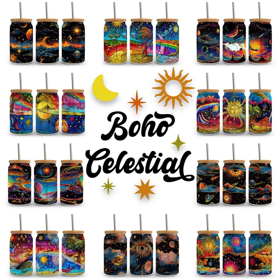 Boho Celestial Libbey Glass Wrap Png Bundle Sublimation Designs, Witchy ...