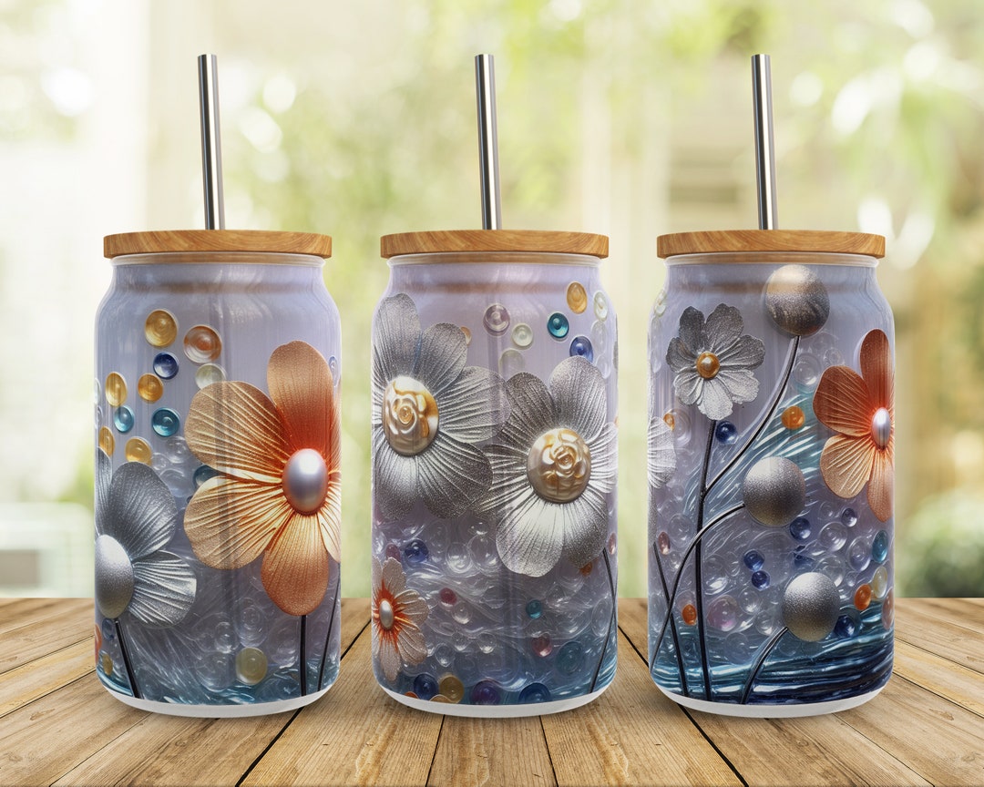 3d Summer Daisy Libbey Glass Wrap Png Sublimation Designs, Colorful Crystal Floral 16oz Libby ...