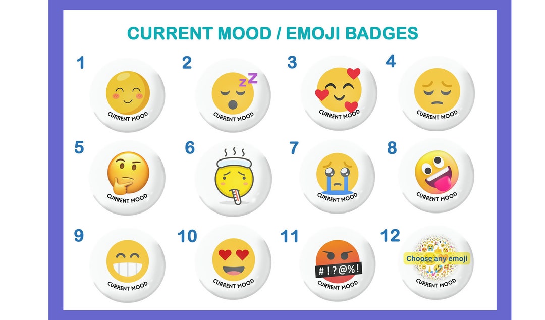 CURRENT MOOD EXPRESSION / Emoji Badges - 25mm / 1 Inch Pin Button ...