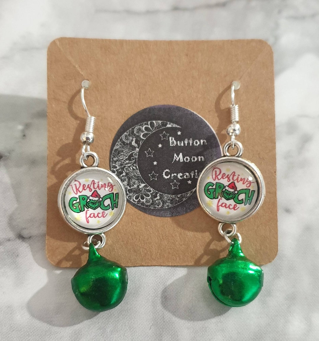 Grinch Earrings Christmas Resting Grinch Face Charm Jingle Bell Hook ...