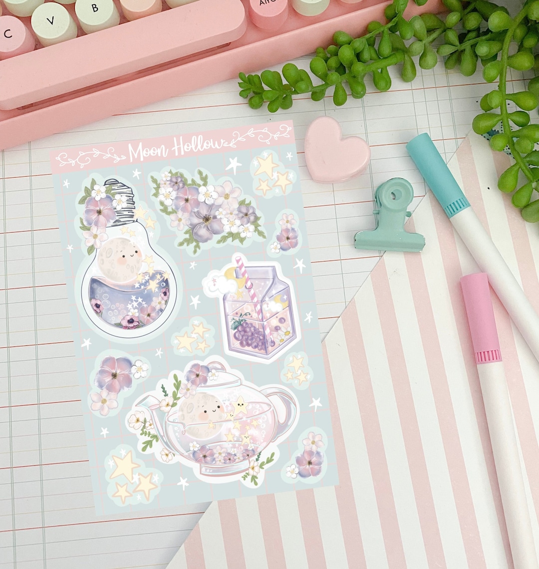 Moon Light Aesthetic Sticker Sheet, Hand Drawn, Stickers, Moon ...