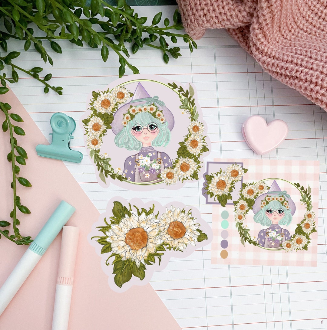 Daisy Flower Witch Cottagecore Sticker Pack// Digital Art - Etsy