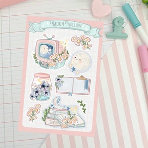Book Lover Retro Aesthetic Sticker Sheet, Hand Drawn, Stickers, Moon ...