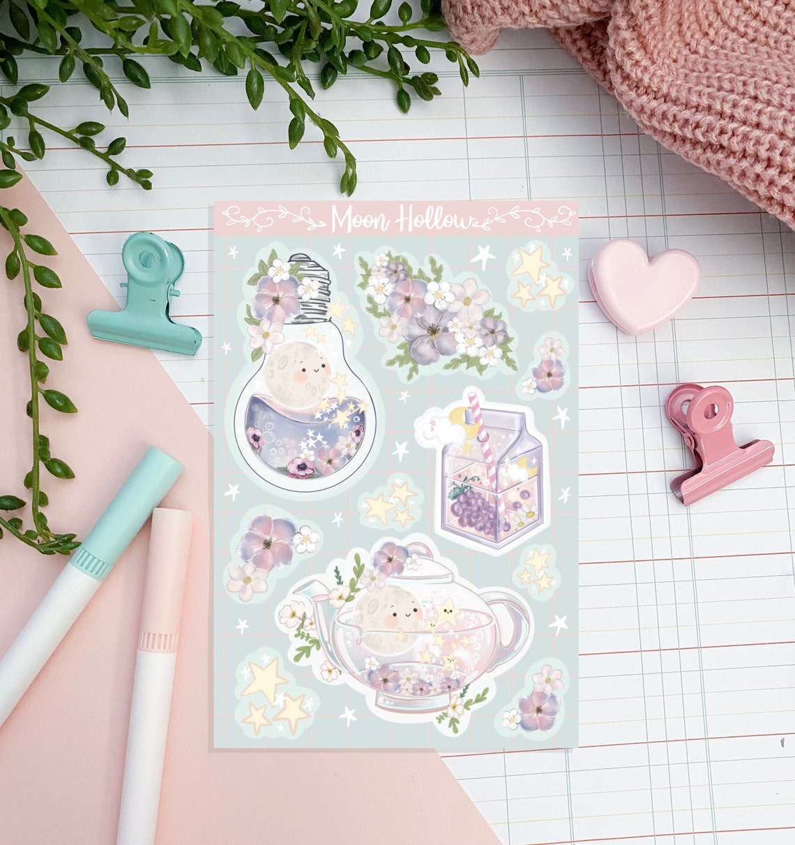 Moon Light Aesthetic Sticker Sheet, Hand Drawn, Stickers, Moon ...