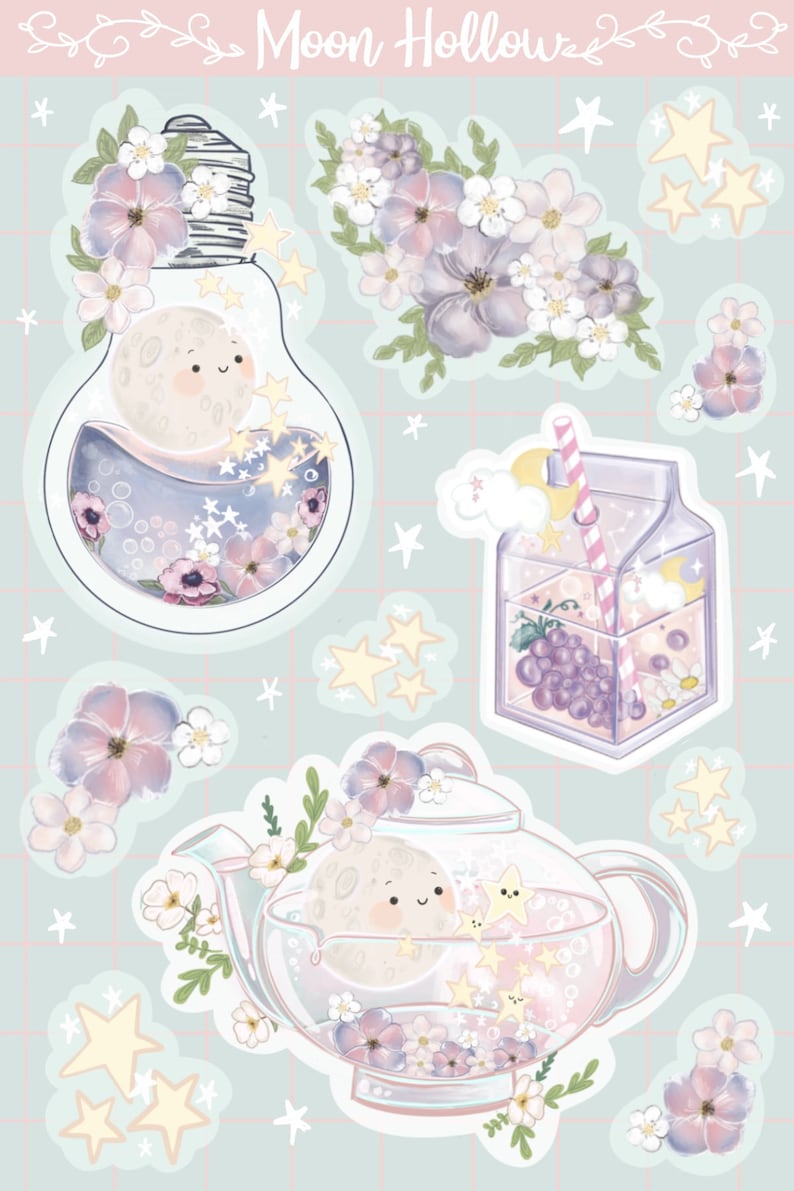 Moon Light Aesthetic Sticker Sheet, Hand Drawn, Stickers, Moon ...