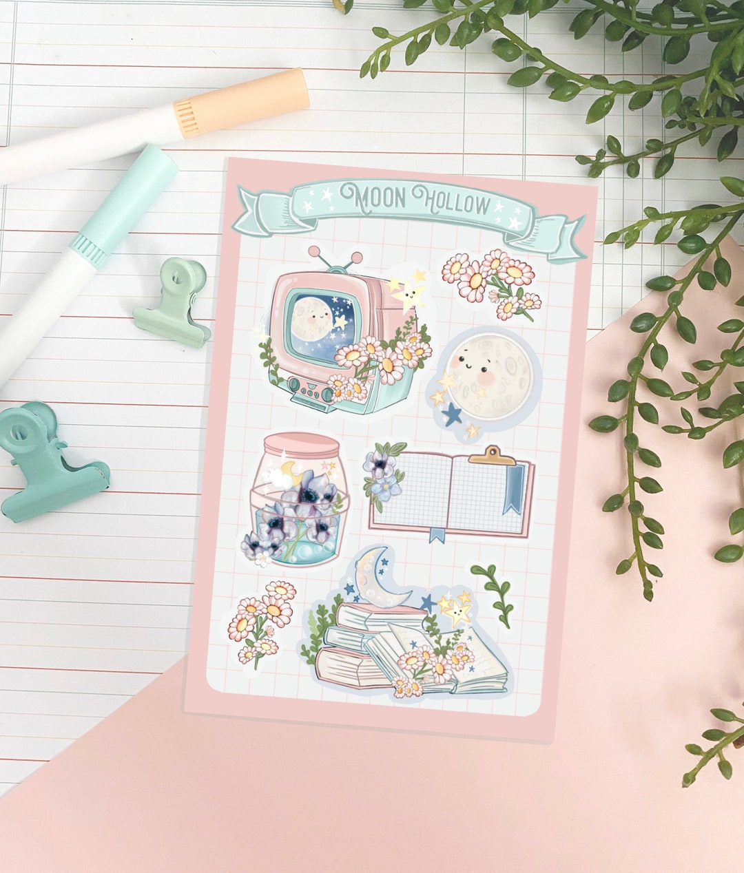 Book Lover Retro Aesthetic Sticker Sheet, Hand Drawn, Stickers, Moon ...