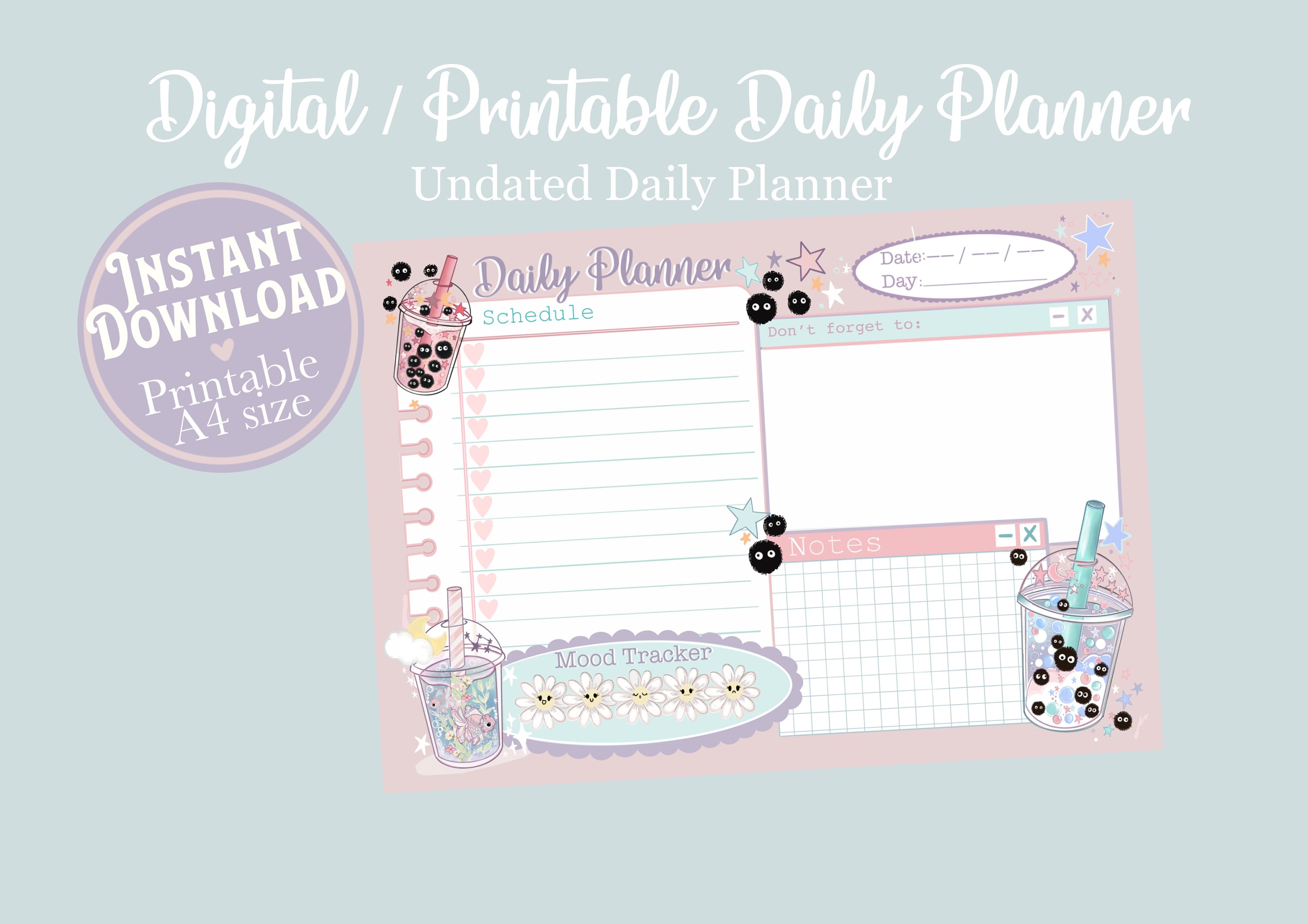 Cute Digital Daily Planner Bubble Tea Kawaii Undated Instant - Etsy UK
