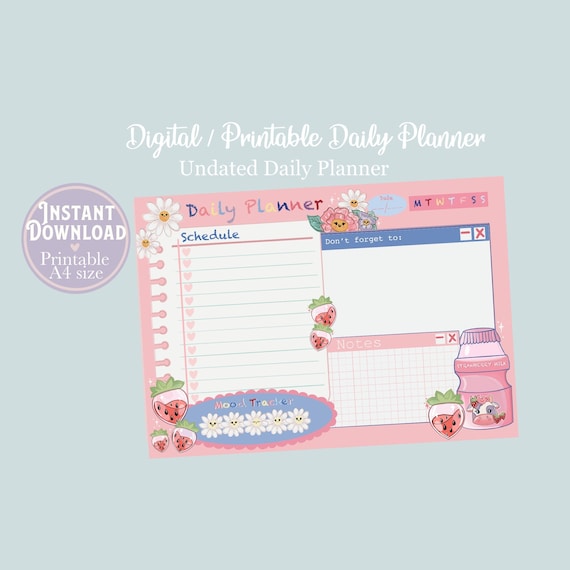 Digital Daily Planner Strawberry Cow Kawaii Undated Instant | Etsy