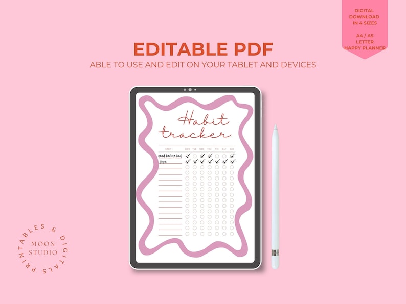 Habit Tracker Printable Daily Habit Log Half Size A5 A4 Letter Editable ...