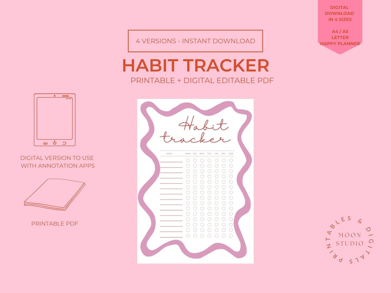 Habit Tracker Printable Daily Habit Log Half Size A5 A4 Letter Editable ...