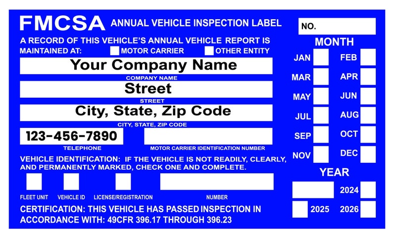 FMCSA Vehicle Annual DOT Inspection Stickers, Truck Decal Personalized ...