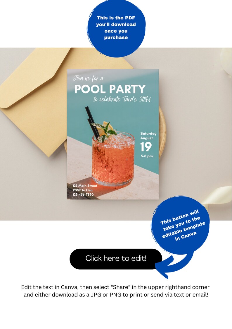 Adult Pool Party Invitation Template, Summer Party Invitation, Editable ...