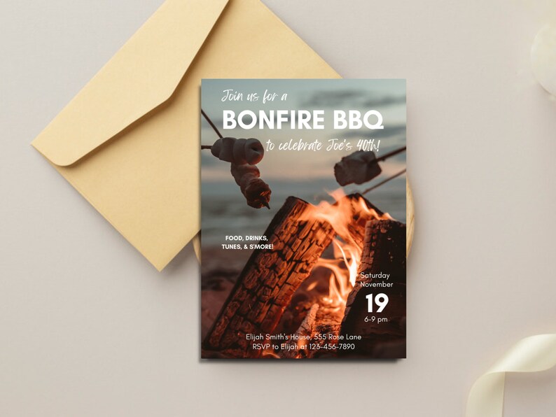Bonfire BBQ Invitation Editable Digital Template, Printable Bonfire ...