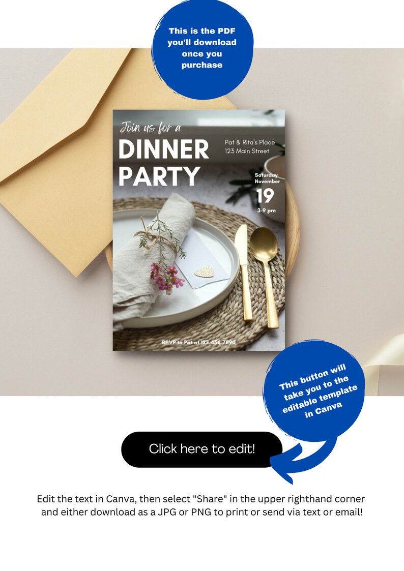 Dinner Party Invitation Editable Digital Template, Classy Dinner Party ...