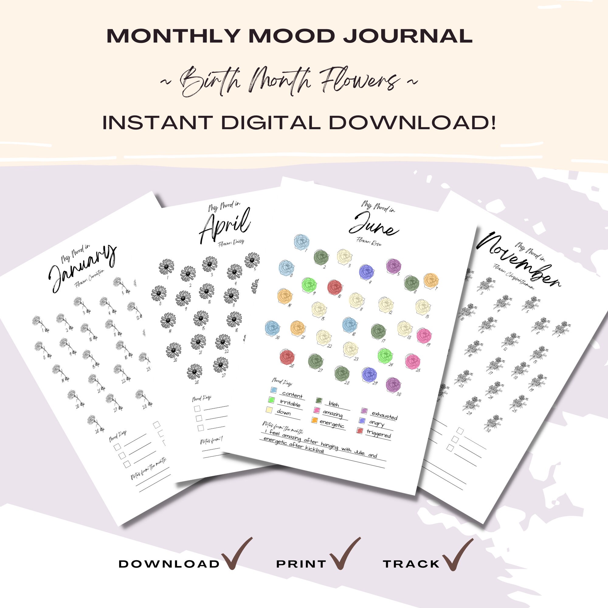Monthly Mood Tracker, Mood Tracker Bundle, Birth Month Flower Mood ...