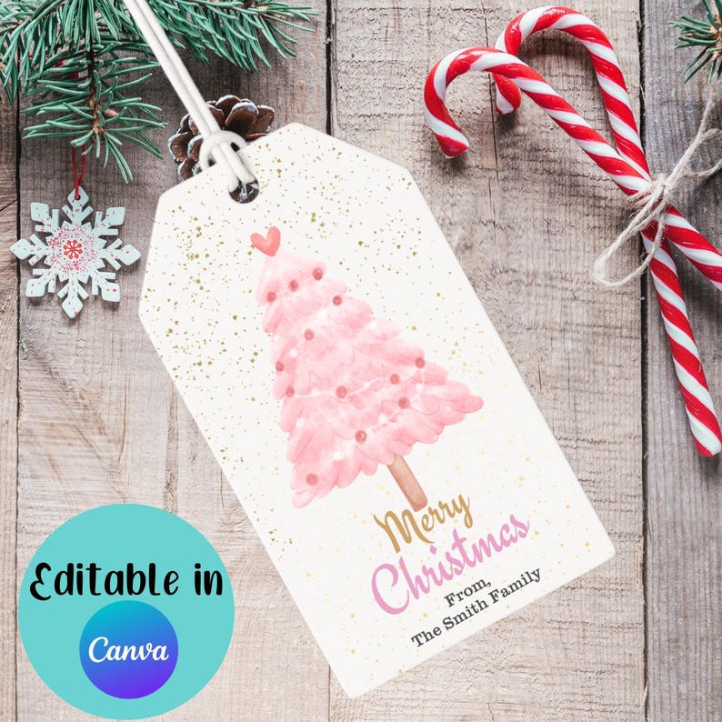 Printable Pink Christmas Gift Tag, Editable Canva Template (digital ...