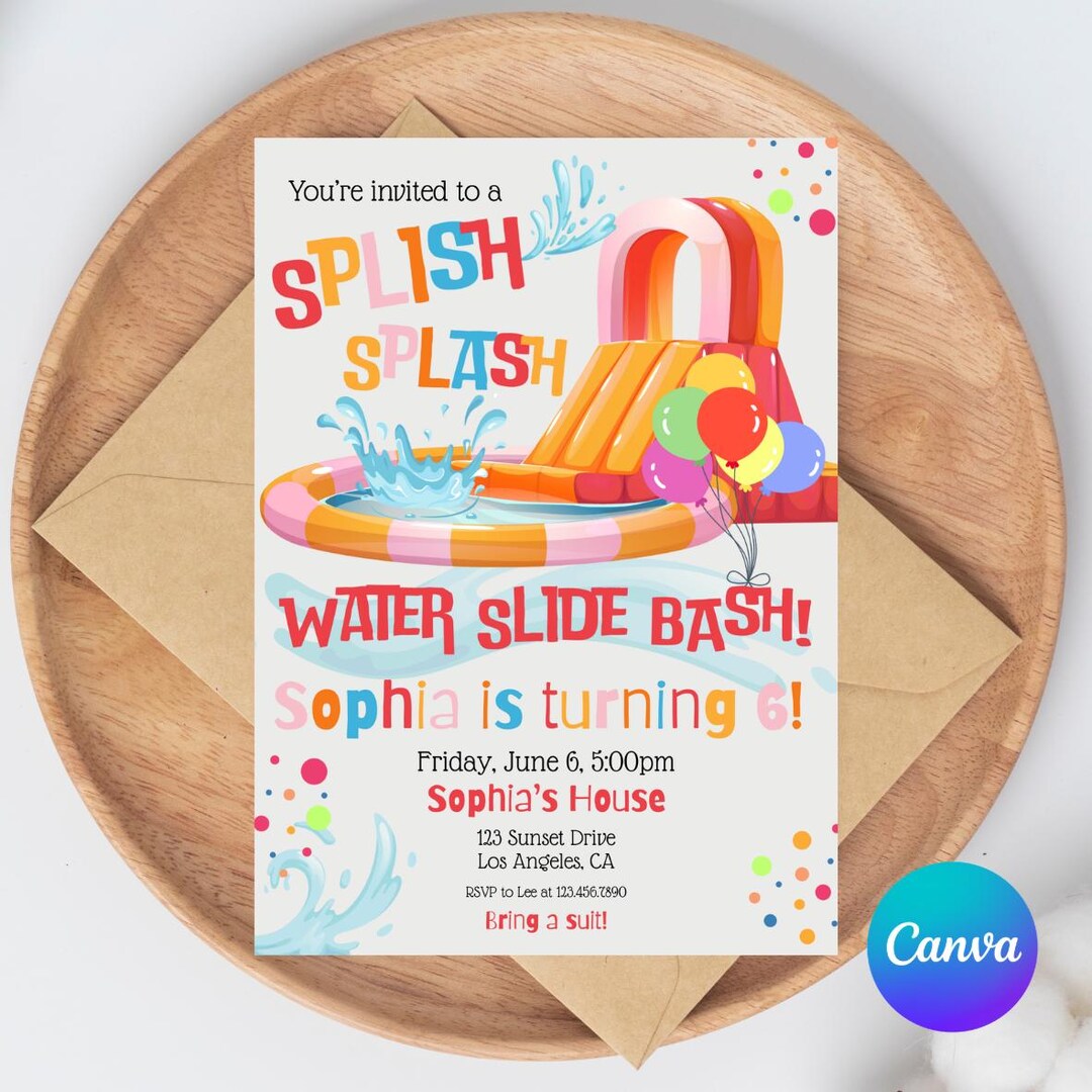 Editable Water Slide Birthday Invitation: Splish Splash Pool Party ...