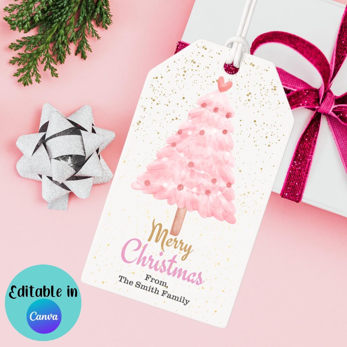 Printable Pink Christmas Gift Tag, Editable Canva Template (digital ...