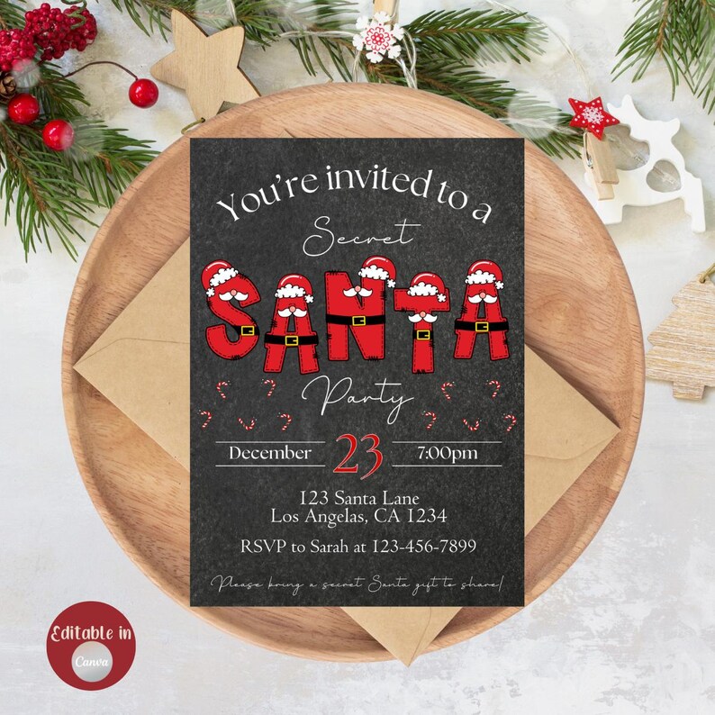 Secret Santa Invitation Template: Editable Holiday Party Invite (CANVA ...