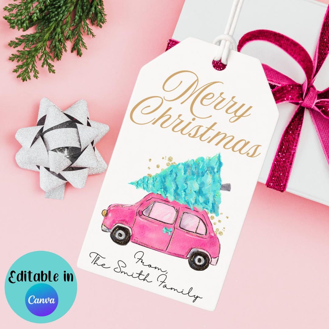 Printable Pink Car Gift Tag, Editable Christmas Gift Tag, Pink ...