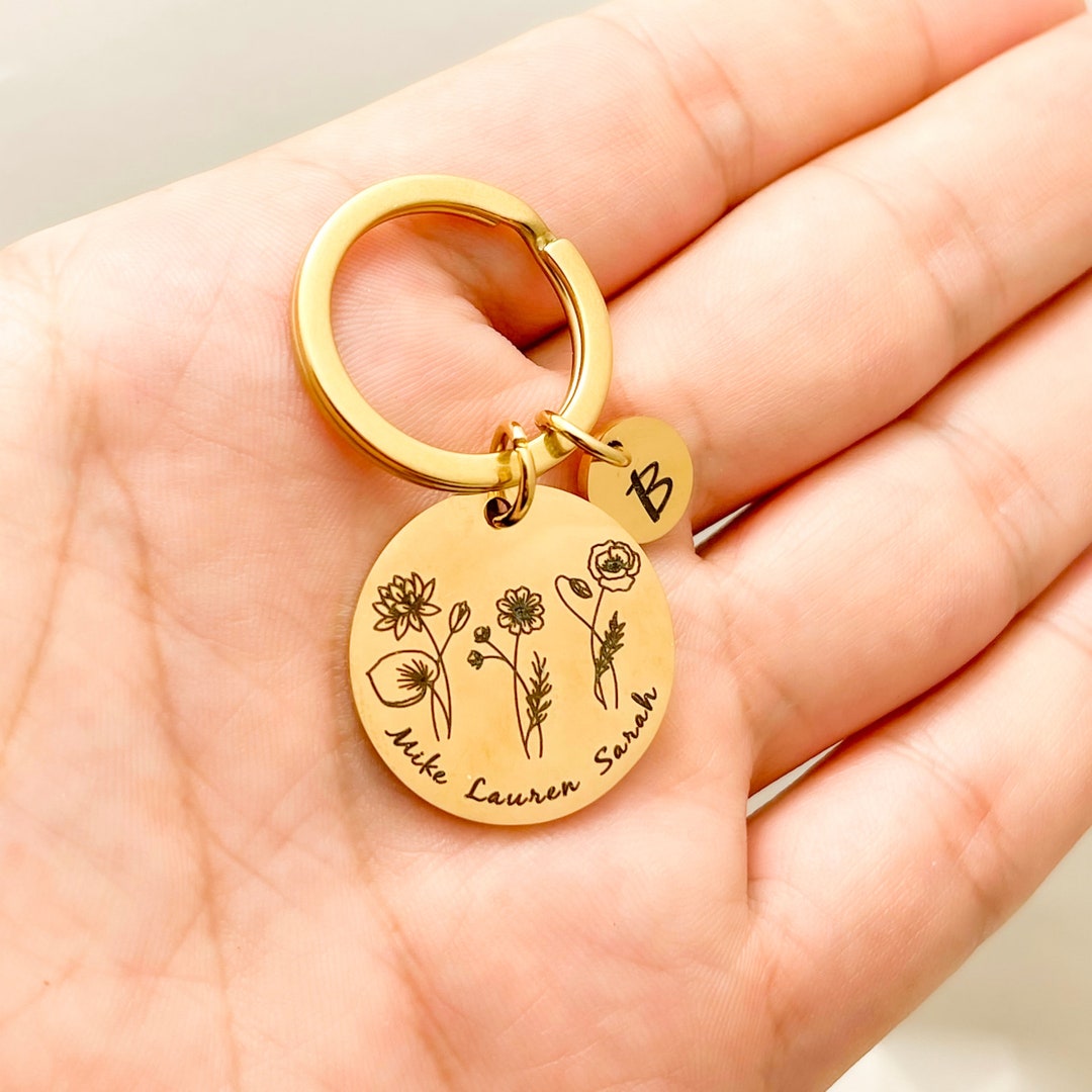 Personalized Birth Month Flower Keychain: Engraved Stainless Steel ...