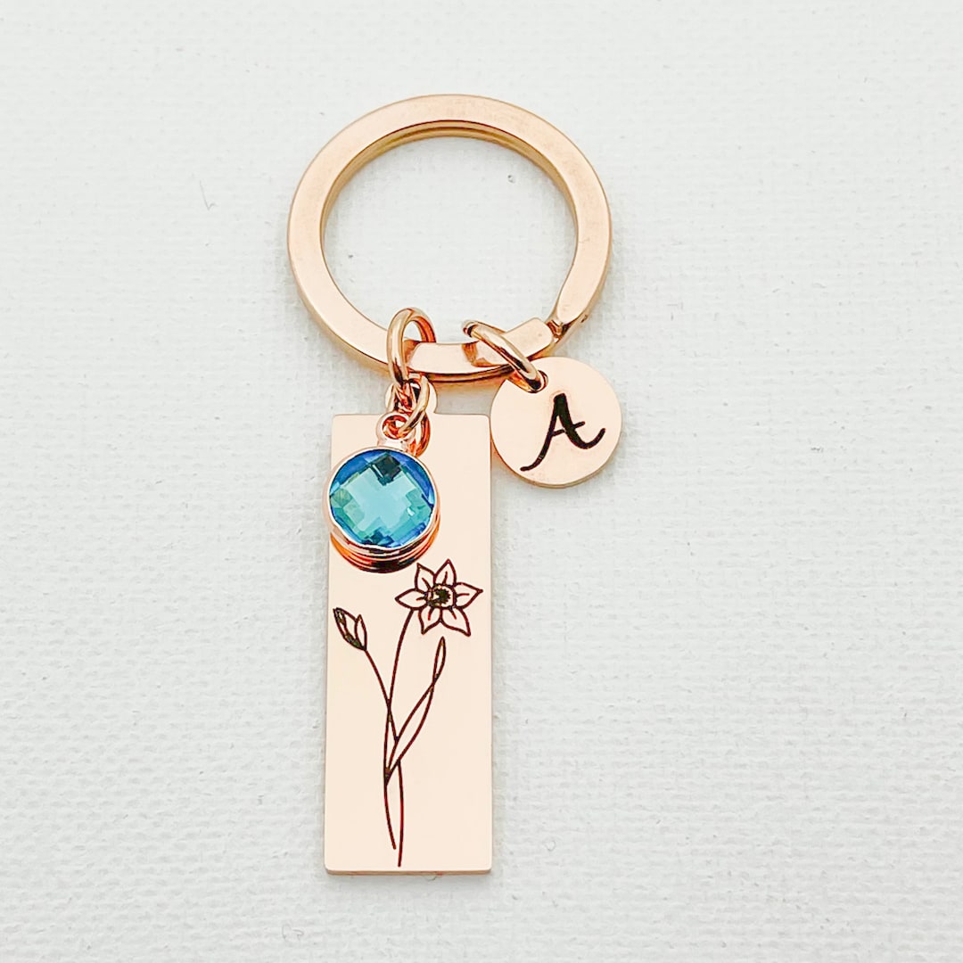 Birth Flower Keychain Personalized Birthstone Keyring Custom Initial ...