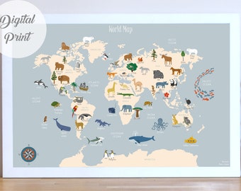 Printable Animal World Map Watercolor Animals Map Kids Poster Nursery ...