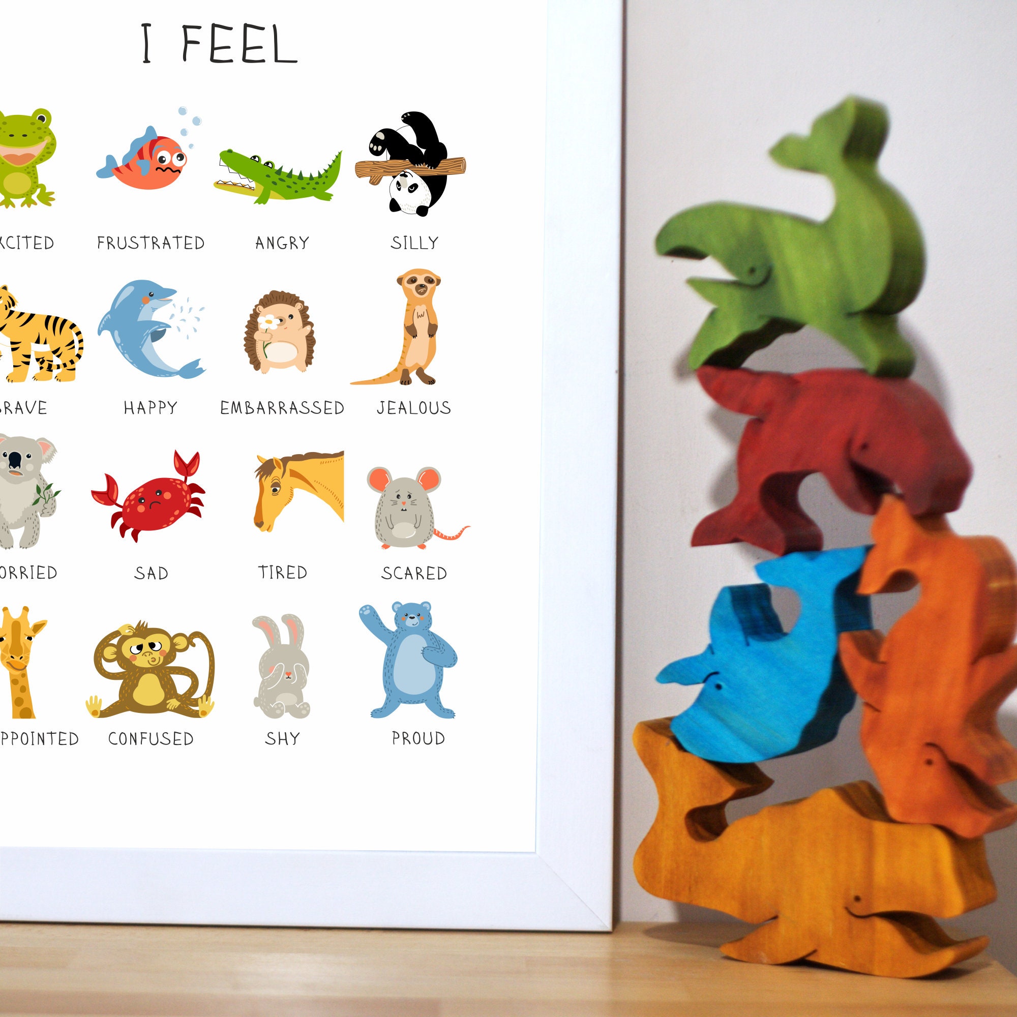 Feelings and Emotions Chart White, I Feel Animals Poster, Learning ...