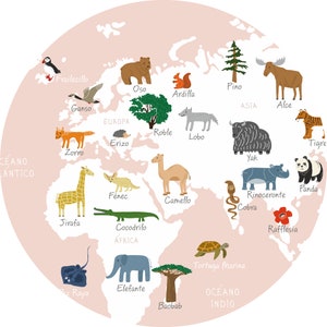 Pink Animals World Map in SPANISH Wall Art Poster, Mapa Del Mundo ...