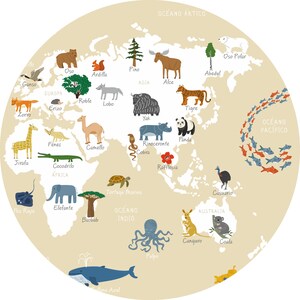 Animals World Map in SPANISH Wall Art Poster, Mapa Del Mundo Beige ...