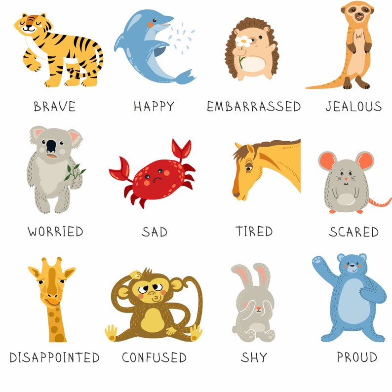 Feelings and Emotions Chart White, I Feel Animals Poster, Learning ...