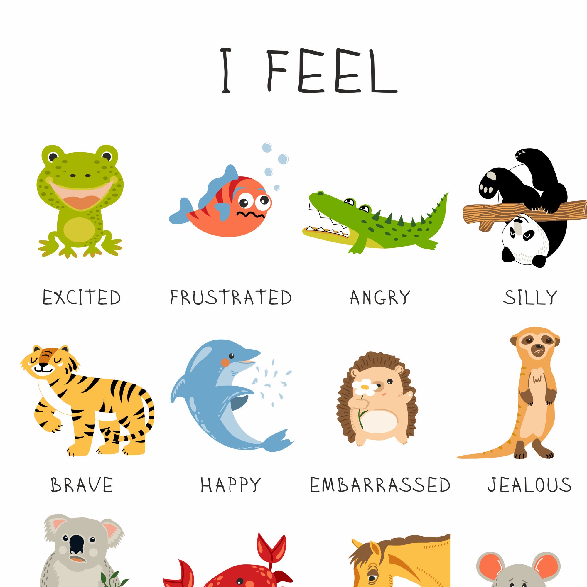 Feelings and Emotions Chart White, I Feel Animals Poster, Learning ...